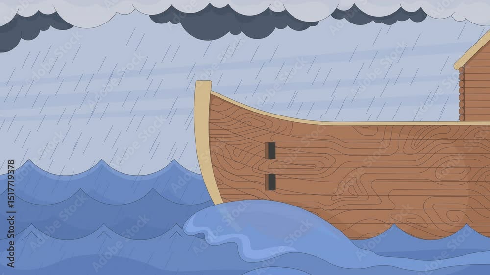 Wooden ark floating on choppy waves in rainstorm 2D cartoon animation ...