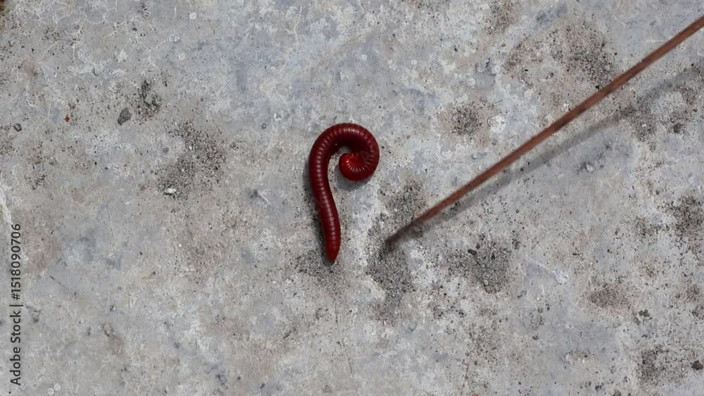 Red millipede (Diplopoda) on concrete rooftop, coiling defensively when ...
