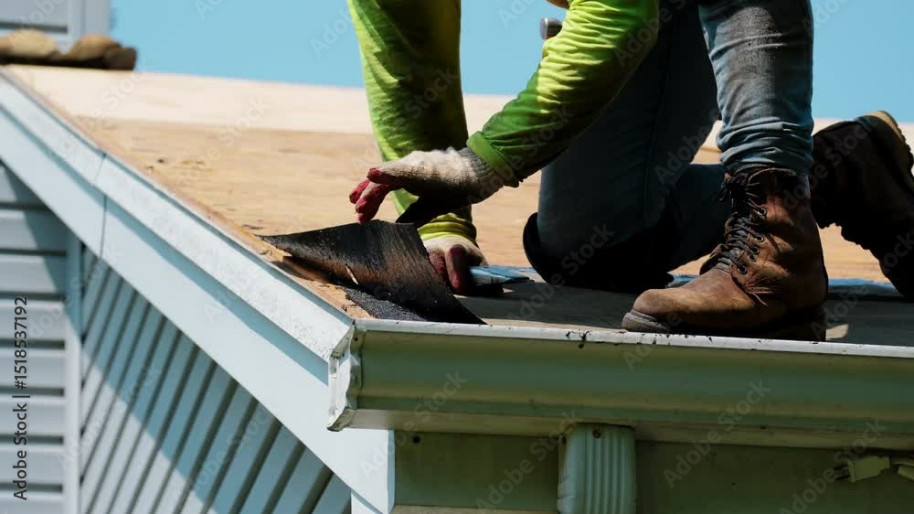 Roofer cutting a coverage material during roof renovation. installing a ...