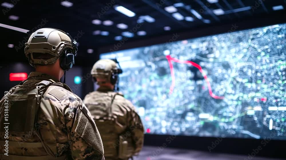 Two uniformed soldiers in helmets and tactical gear monitor satellite ...