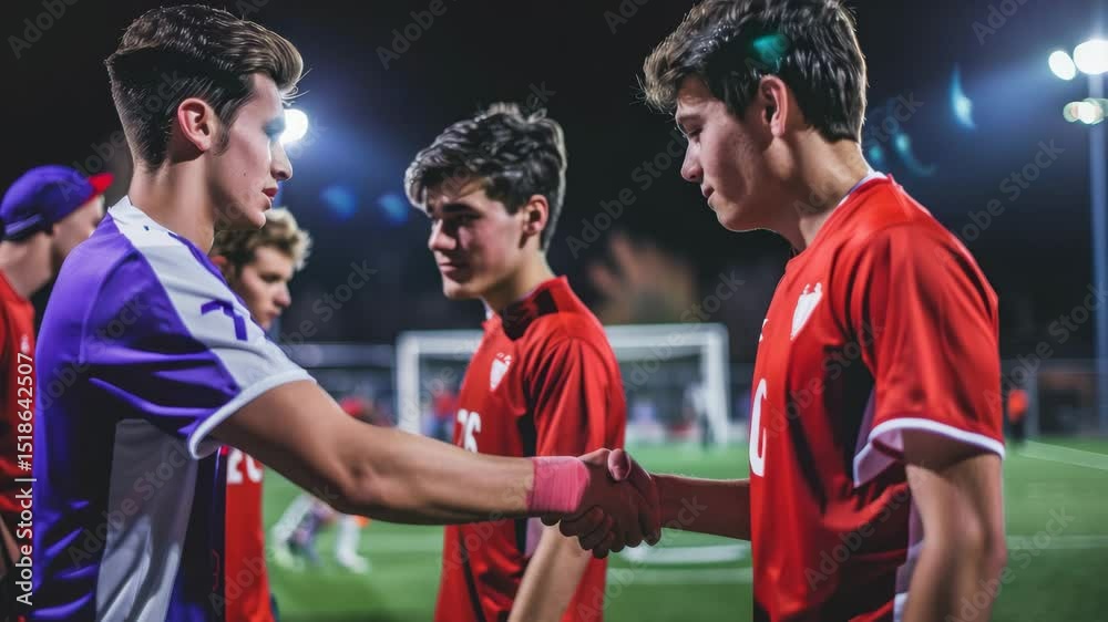 Intense night soccer match showcasing teams shaking hands after a ...