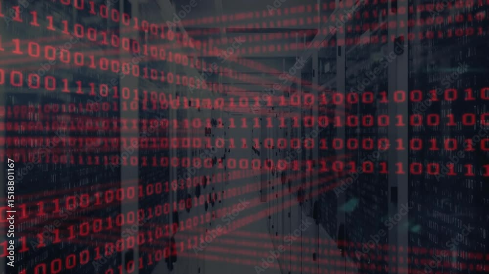 Opening server rack aisle activating red binary code scrolling across ...