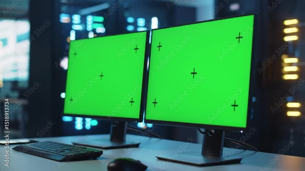 Two Green Screen Monitors on a White Table with Keyboard Mouse and ...