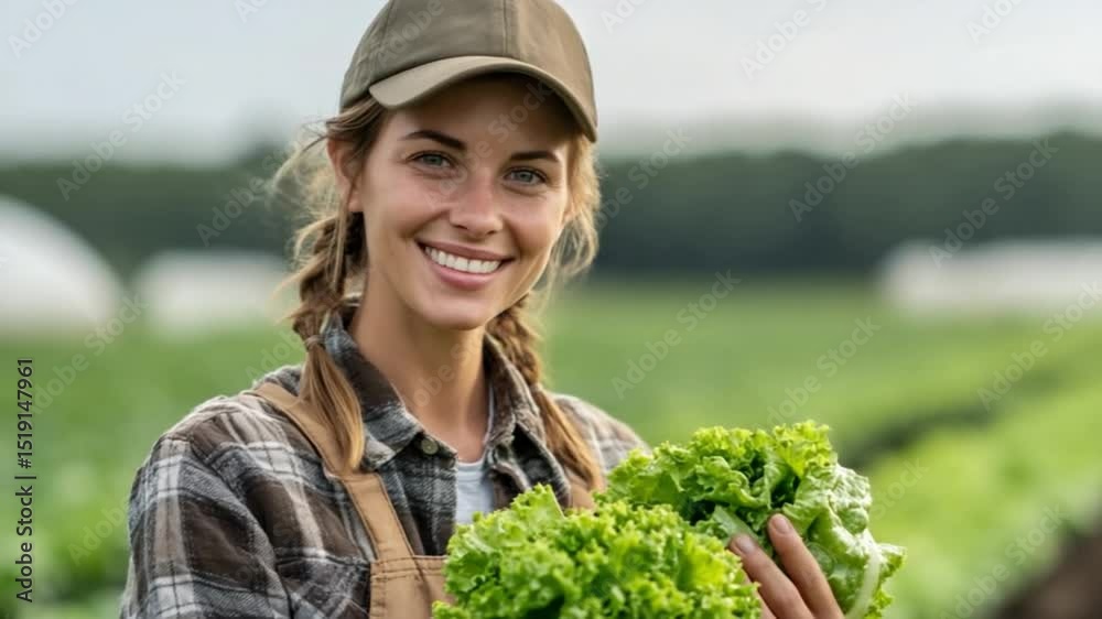 Smiling Farmer with Fresh Lettuce: A cheerful farmer, cap on, showcases ...