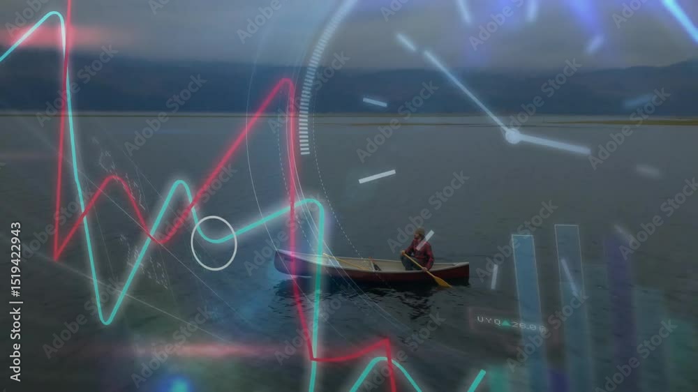 World map fading behind canoe man initiating line graphs and bar charts ...