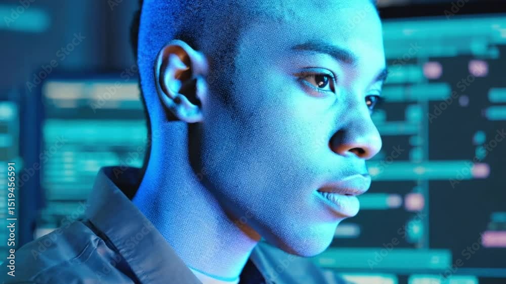 close-up programmer’s face machine vision overlays skin heat maps ...