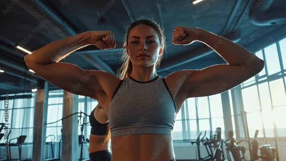 Woman flexing biceps muscles in gym. Fitness, bodybuilding, strength ...