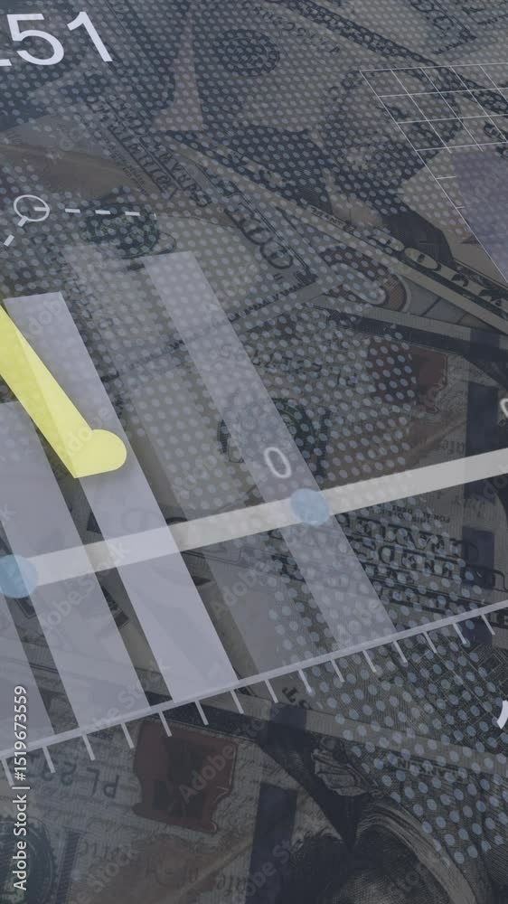 Yellow line chart and various diagrams and graphs on the background of ...