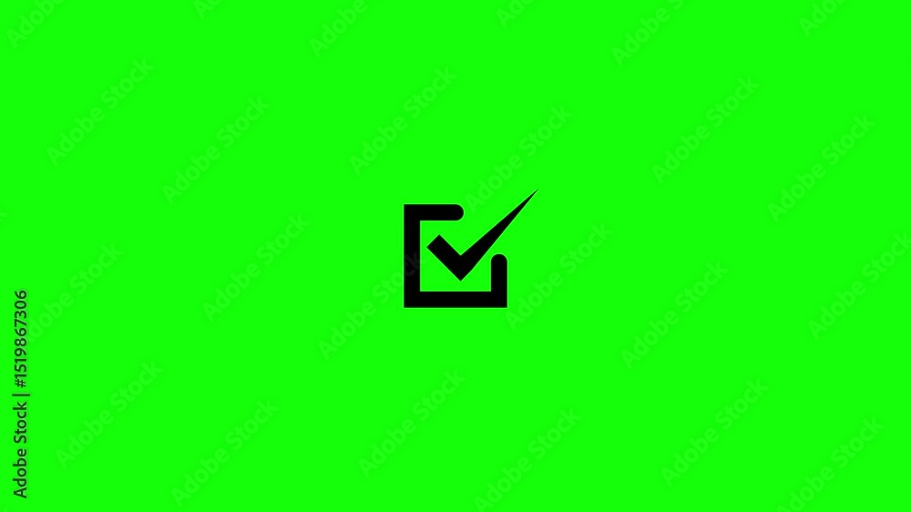 Animated checkmark symbol in a square box on a vibrant green chroma key ...