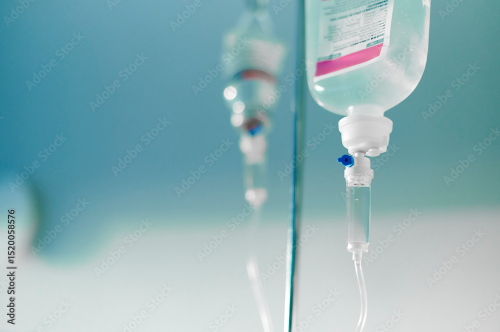 Poster parenteral fluid bags hang from hospital equipment for ...
