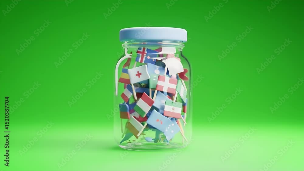 3D Render of Clear Jar Overflowing with Multiple Country Flags on Green ...