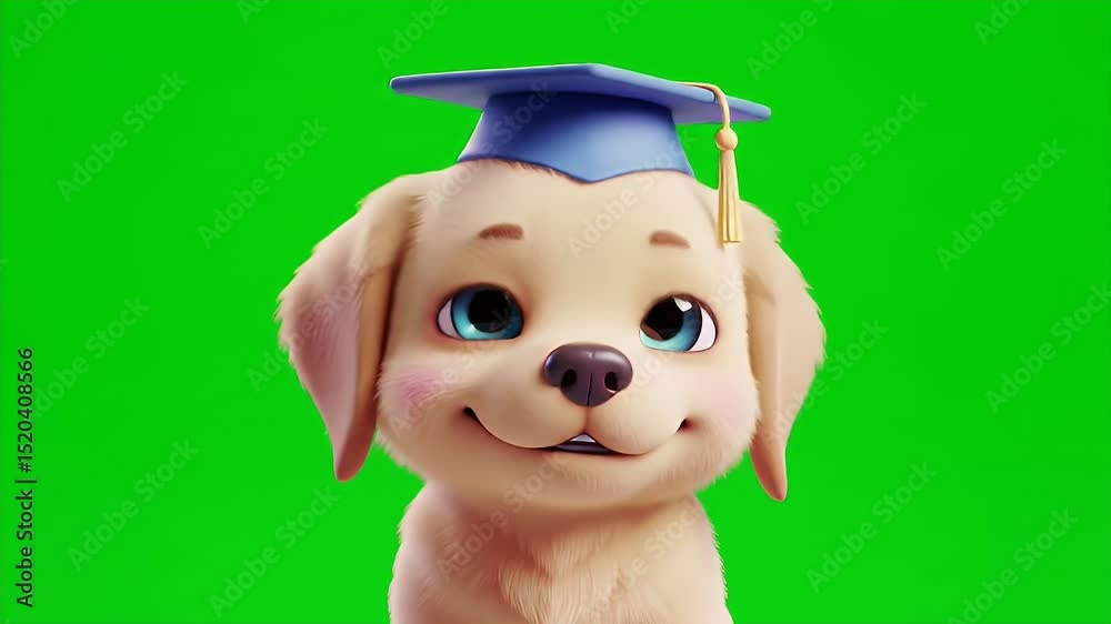 Animated Cartoon Dog with Graduation Cap on Green Screen Background in ...