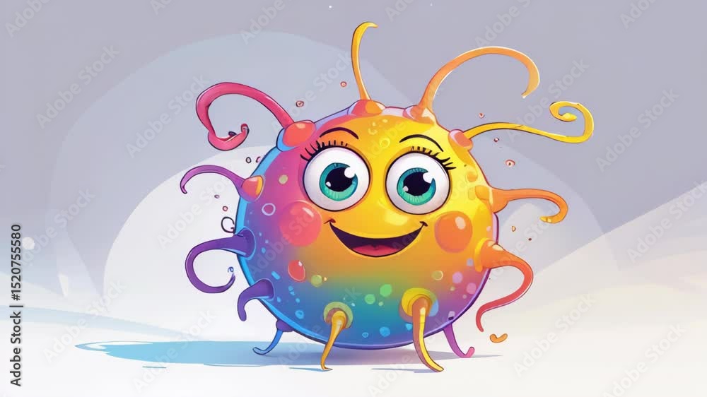 A colorful cartoon microbe character with exaggerated features ...