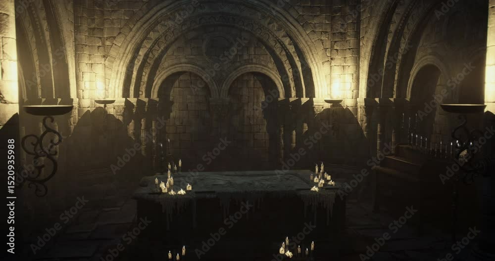 A dimly lit stone chamber reveals intricate arches and a ritualistic ...
