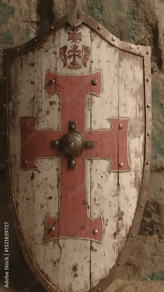 Medieval era shield with red cross and emblem leaning against stone ...