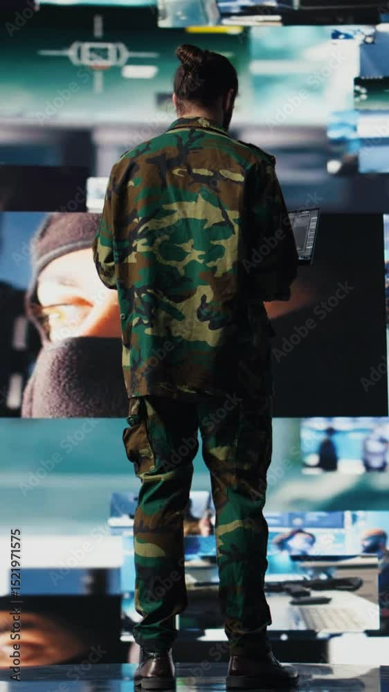Vertical Video Armed forces soldier gathers surveillance from digital ...