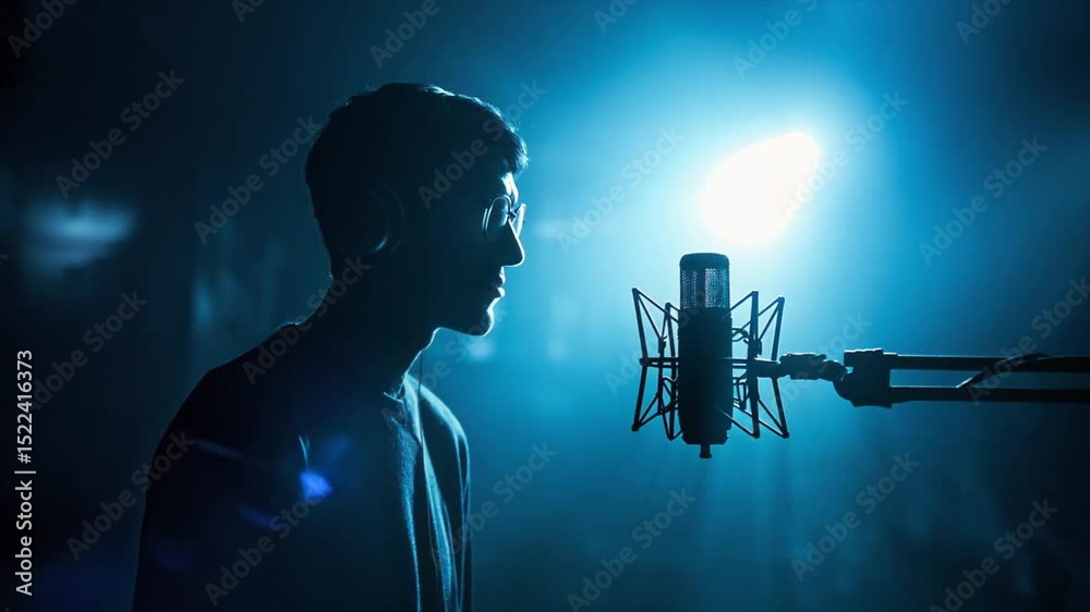 A radio host in silhouette, speaking into a microphone. podcast concept ...