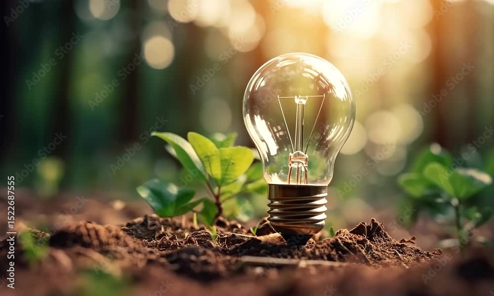 Light bulb on forest ground with green seedlings and sun flare, concept ...