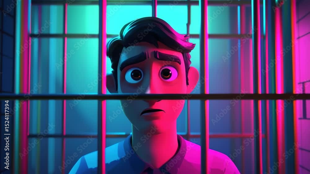 Cartoon Man Behind Bars: Animated Character in a Neon Lit Prison Cell ...