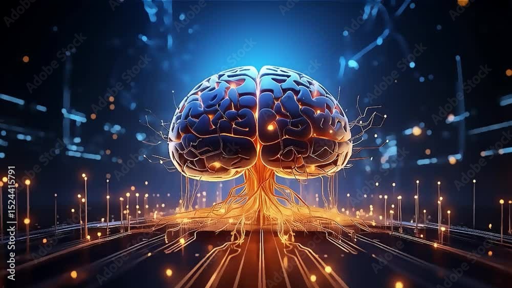 Flying inside Artificial Intelligence Digital Brain bid Data. Illustration of thinking process ...