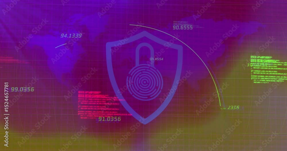 Opening on gradient grid, shield icon animating arcs and pulsing code blocks showing security ...