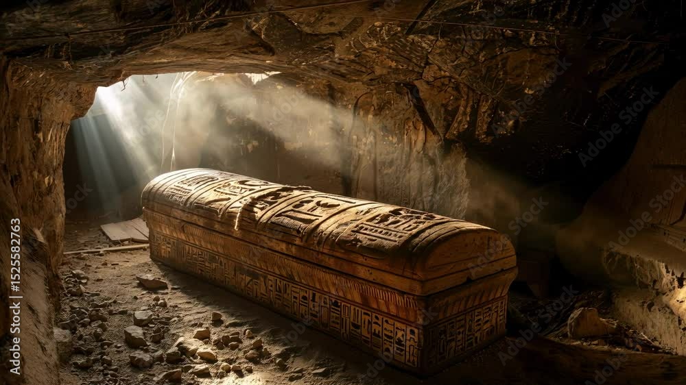 Inside old tomb in Egypt, stone Ancient Egyptian sarcophagus in dark ...