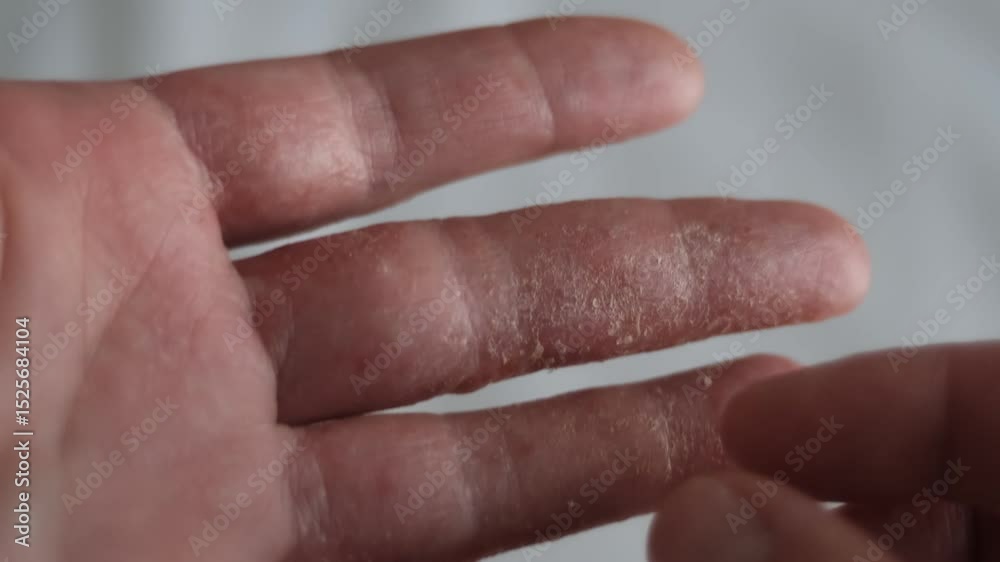 Eczema flakes picked from female finger in close-up macro, dry peeling ...