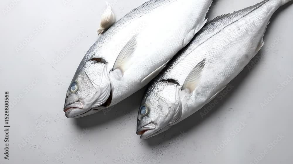 Two whole fish, light gray scales, facing forward, on a light gray ...