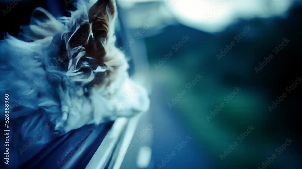 Dog enjoys car ride wind blowing through fur eyes closed calm happy ...