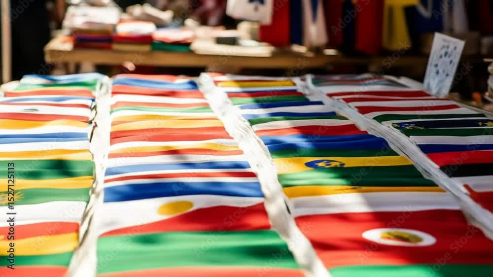 Colorful national flags displayed on a market stall. Rows of various ...