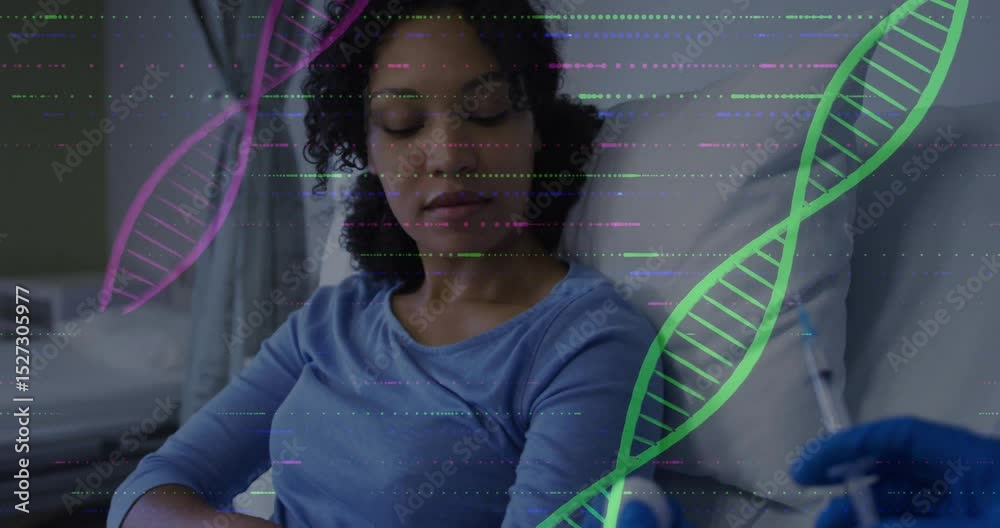 woman tracking gloved hand moving medical vial as DNA helix overlaying ...