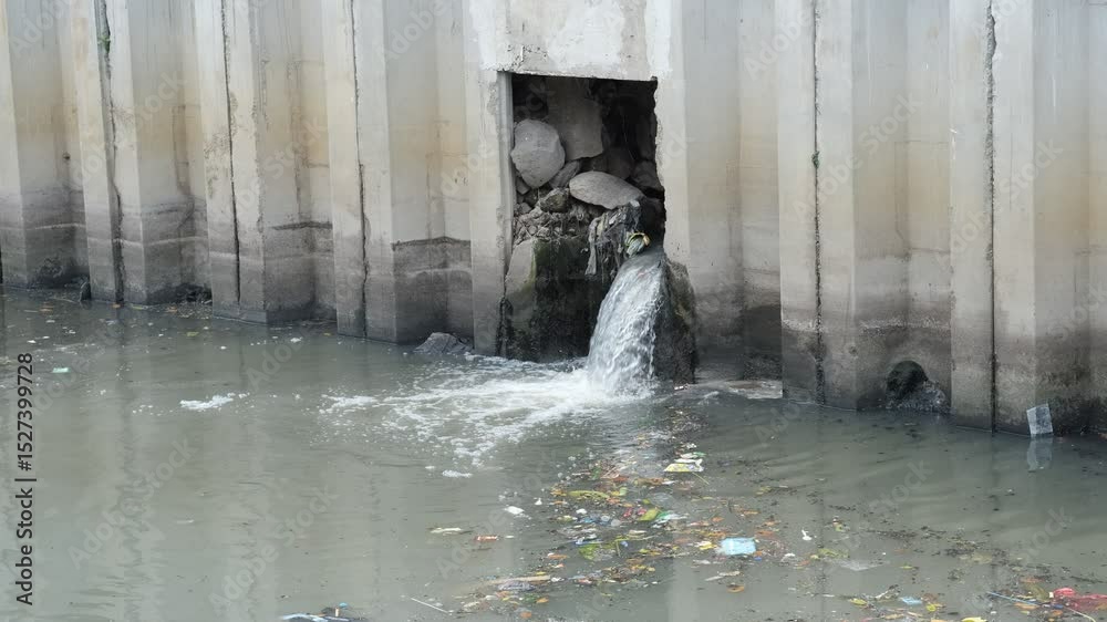 Urban drainage water discharging from a concrete outlet into a polluted ...