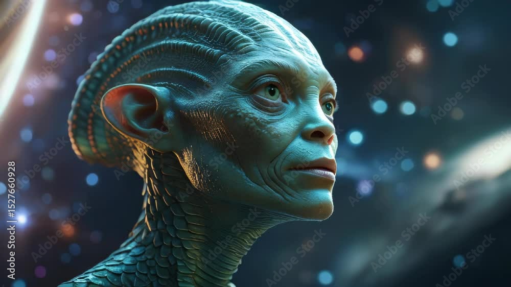 A humanoid alien with detailed scaly skin gazes at a distant celestial ...