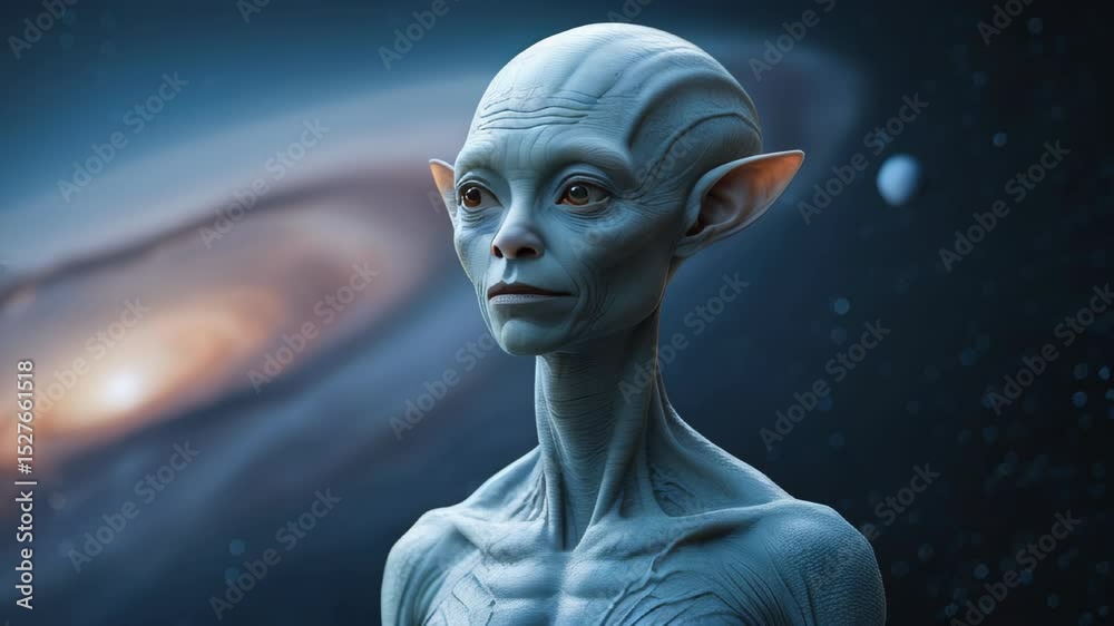 A humanoid alien with detailed scaly skin gazes at a distant celestial ...