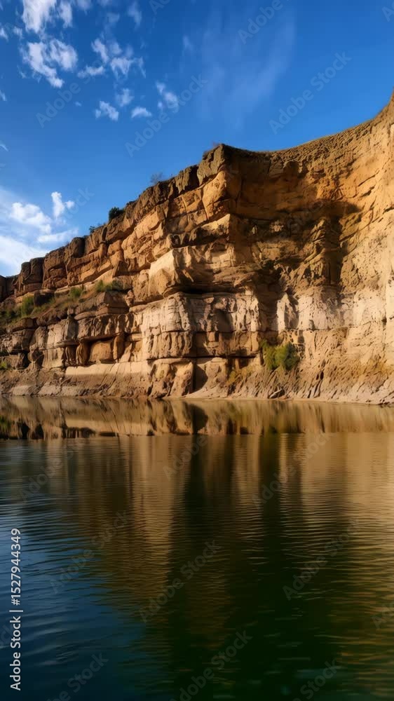 Tranquil lake reflects a layered sedimentary rock cliff face under a ...