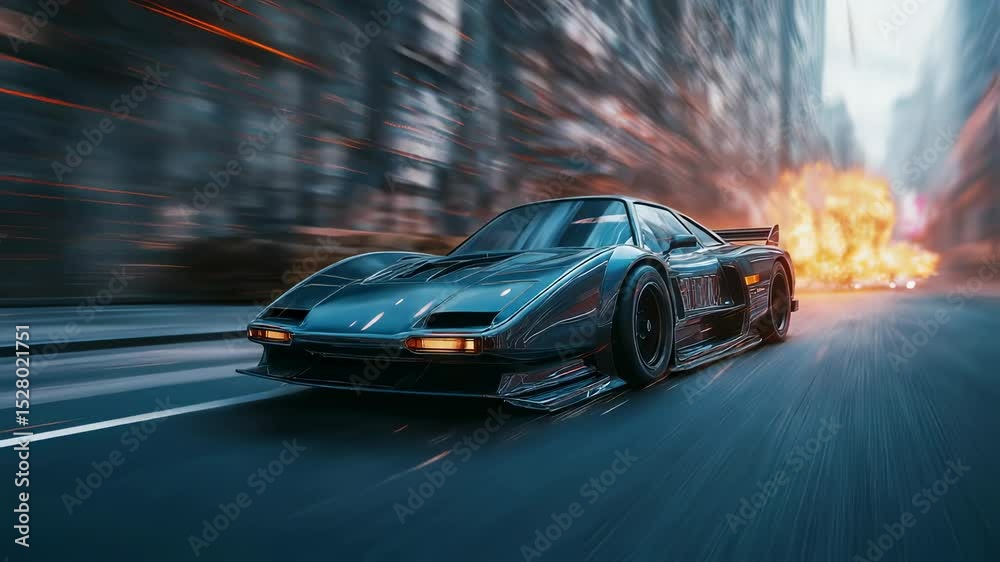 Blockbuster action shot of a car race. Fast 80s-style supercar speeding ...
