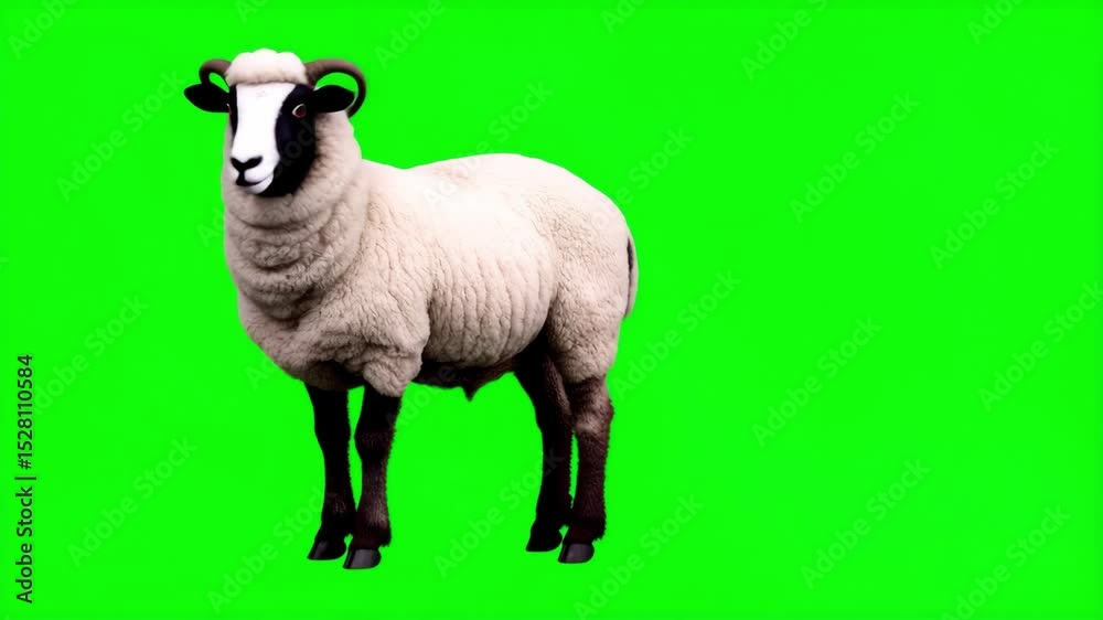 Realistic sheep walks on green screen background. white sheep close-up ...