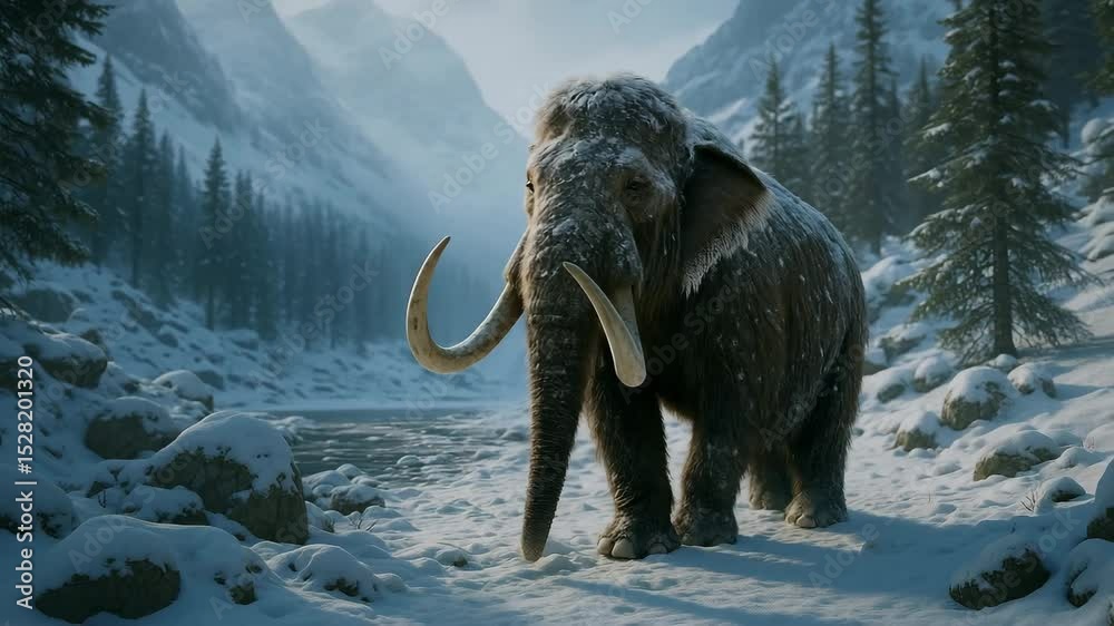 Mammuthus primigenius woolly mammoth walking through snowy mountain ...