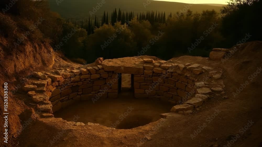 Stockvideon Circular burial chamber with stone wall construction in ...