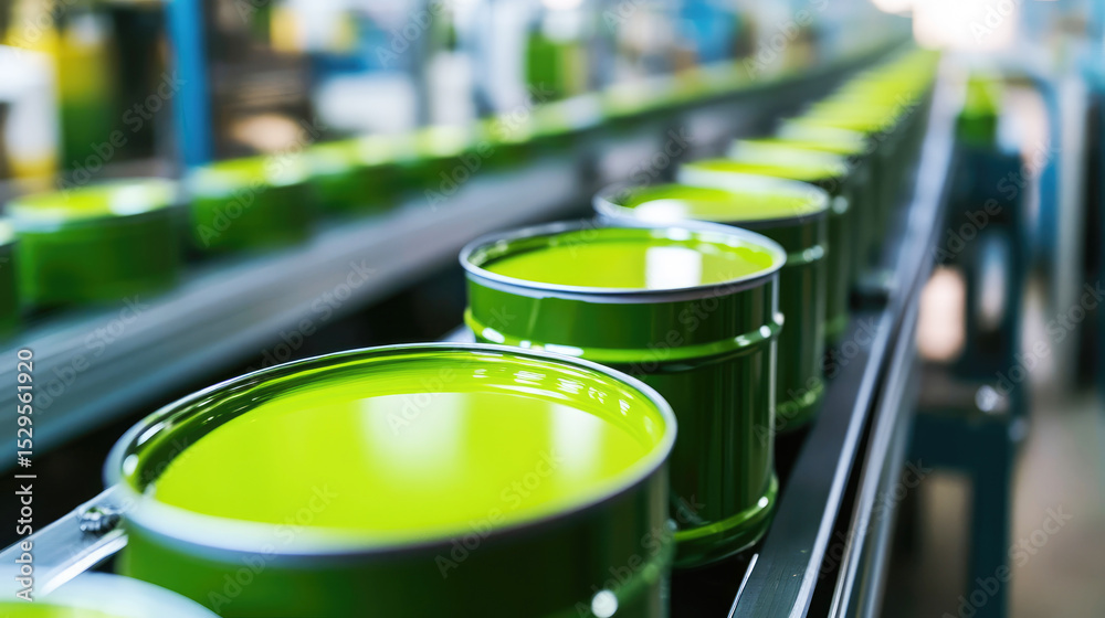 Bright green paint cans move along an assembly line in a manufacturing ...