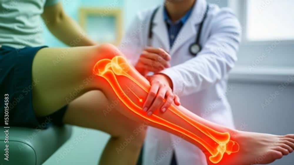 Knee pain surgery options concepts. A doctor examining a patient's knee ...
