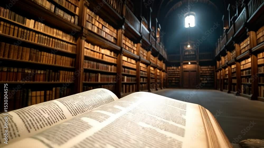 Vintage opened book in a grand old library with rows of bookshelves and ...
