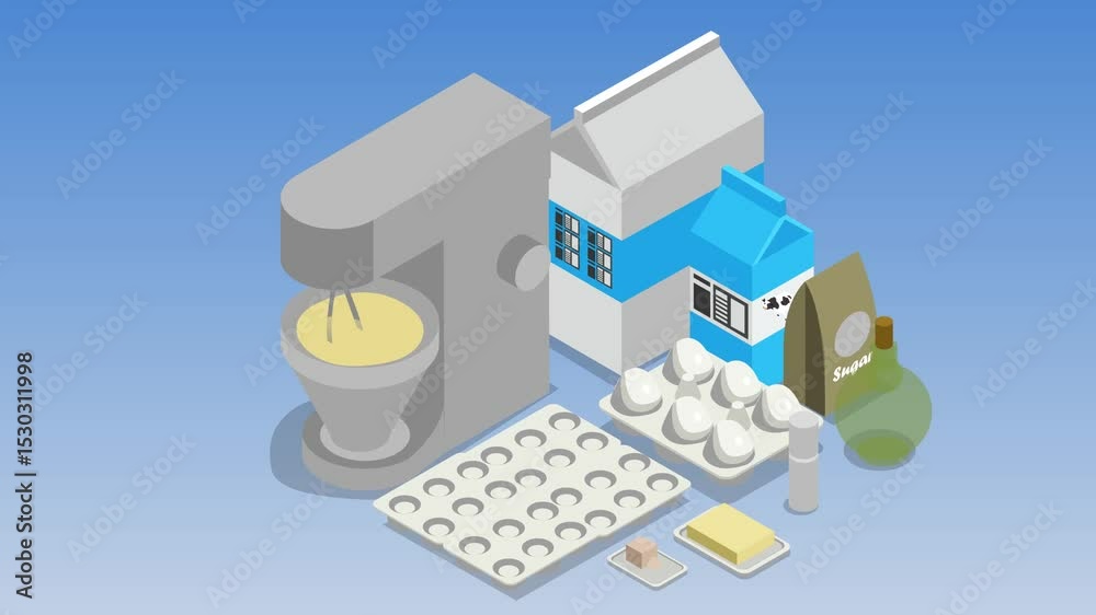 Vidéo Stock Baking Ingredients and Kitchen Mixer Setup 3d animation ...