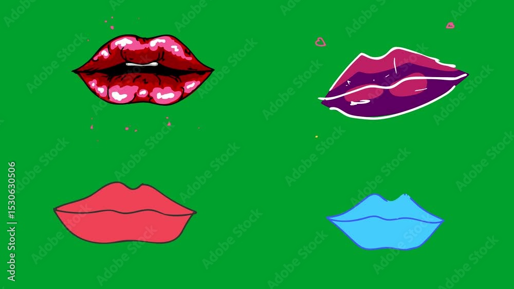 A green background with four different colored lips screen variety of ...
