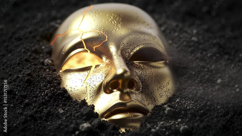 Ancient Cracked Gold Mask Buried in Volcanic Ash Glowing with Inner ...