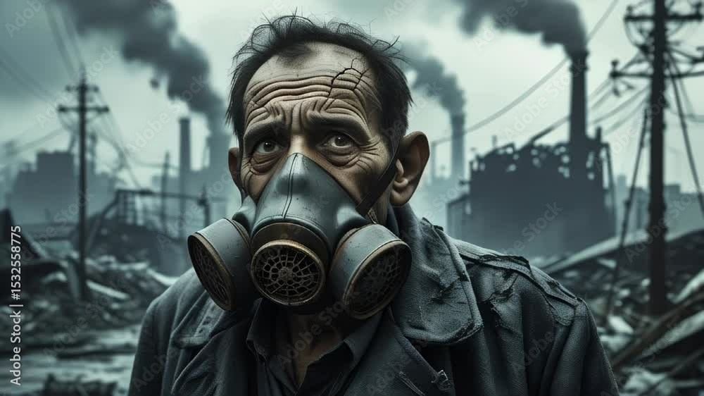 video of A man wearing a gas mask, coping with air pollution in an ...