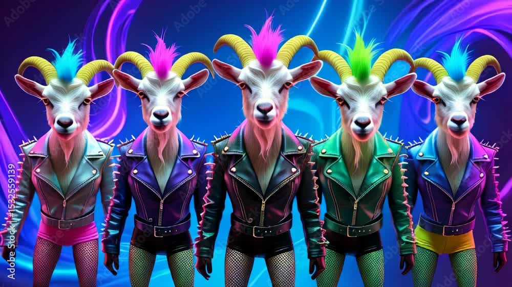 video group of goats dressed in sparkly, neon-bright rock punk outfits ...
