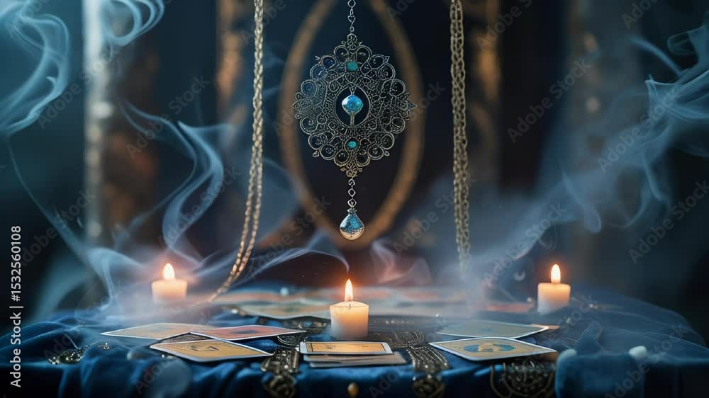 Pendulum Divination – A Swinging Pendulum Above a Magical Altar with ...
