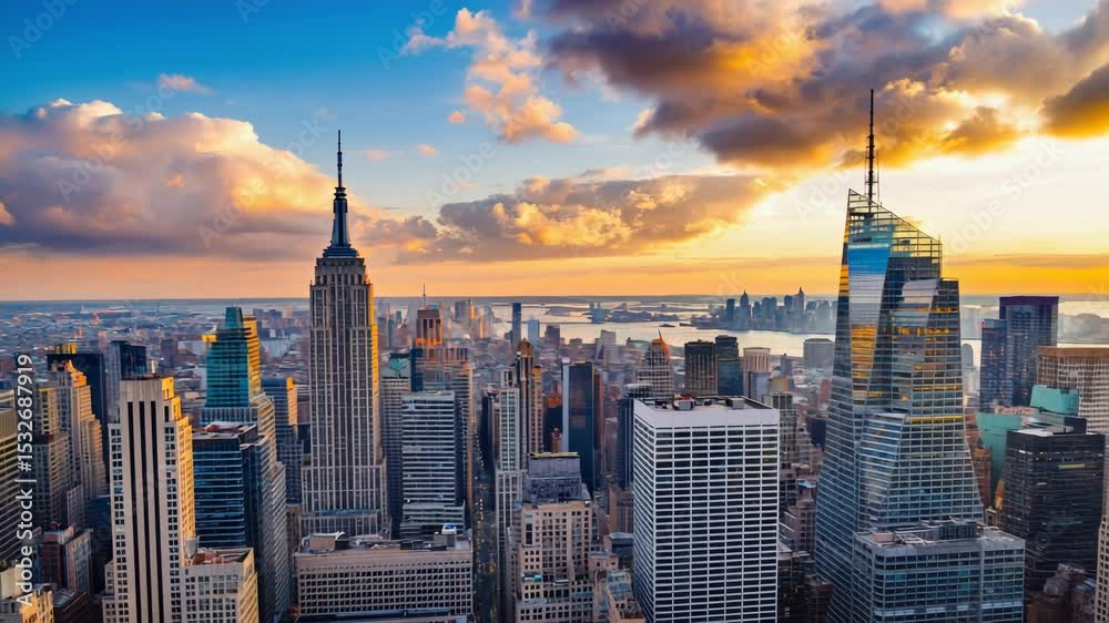 Epic aerial view of the Midtown Manhattan skyline, featuring the Empire ...