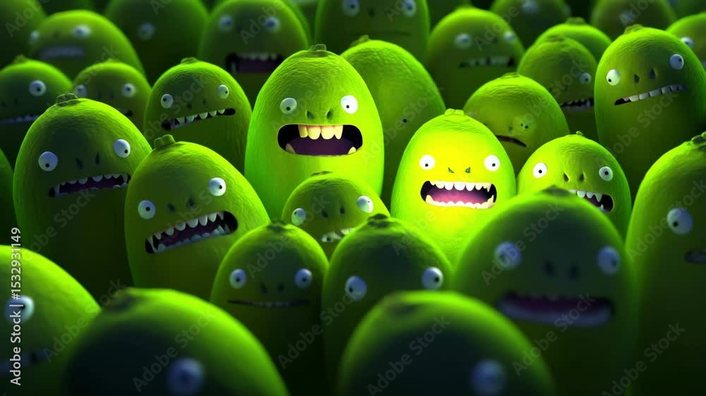 Green scary monster invasion. Glowing green aliens head moving with big ...